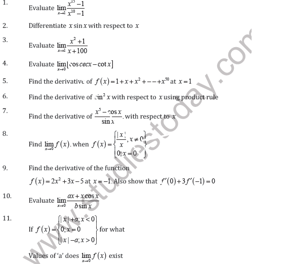CBSE Class 11 Limits and Derivative Worksheet C CBSE Class 11 Limits and Derivative Worksheet C